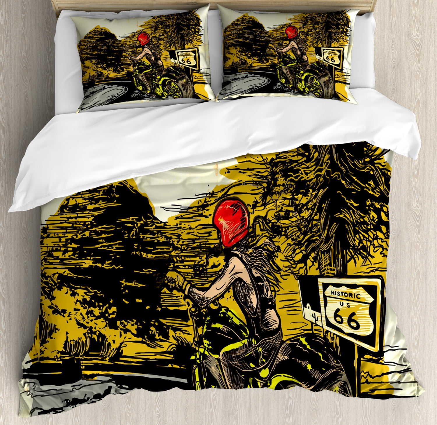 Motorcycle Duvet Cover Set Queen Size, Girl on a Chopper Freehand ...