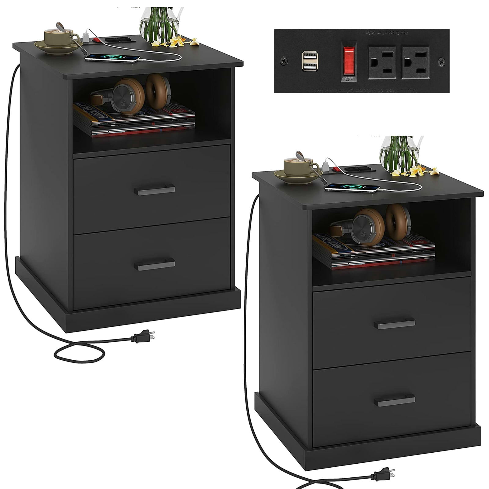 Black Nightstand Set of 2 with Charging Station&2 Drawers, Night Stand ...
