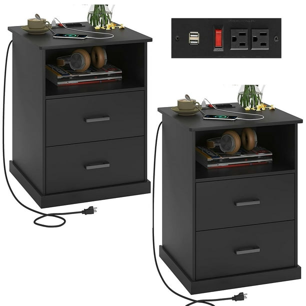 Black Nightstand Set of 2 with Charging Station&2 Drawers, Night Stand ...