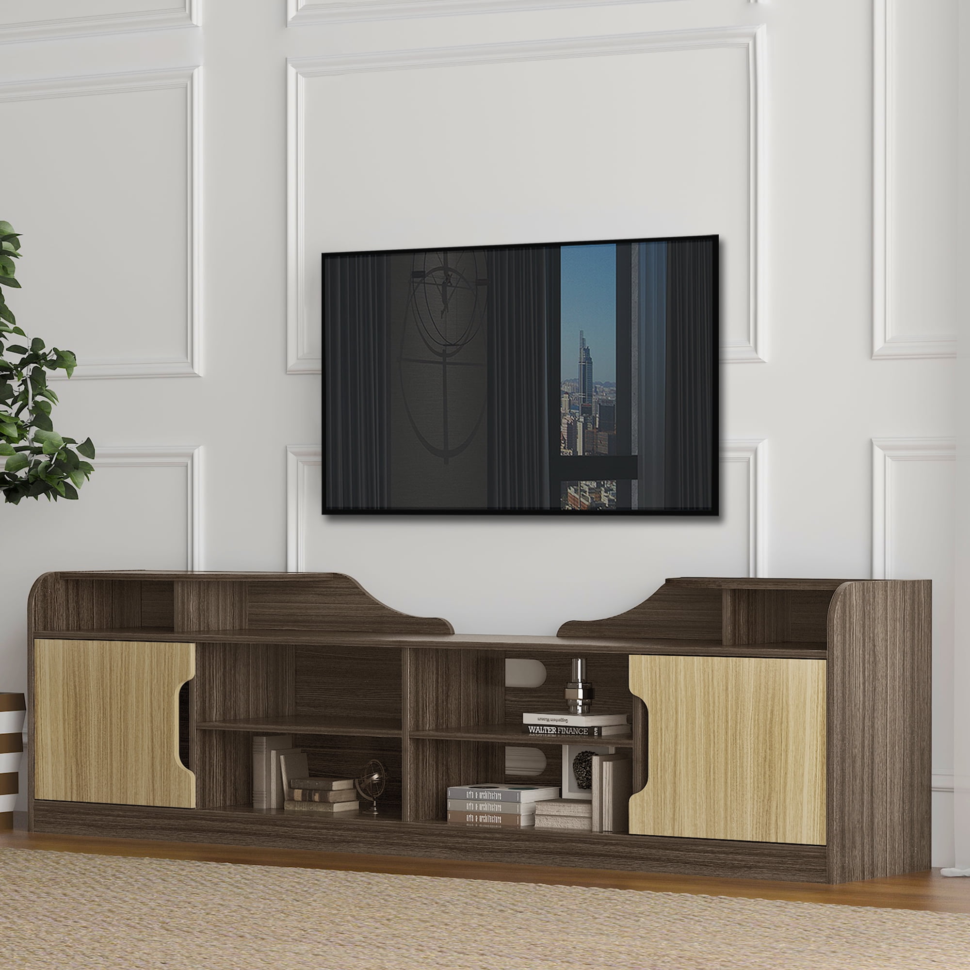 paproos Brown Finish TV Stand for 75 Inch TV, Home Media Entertainment ...
