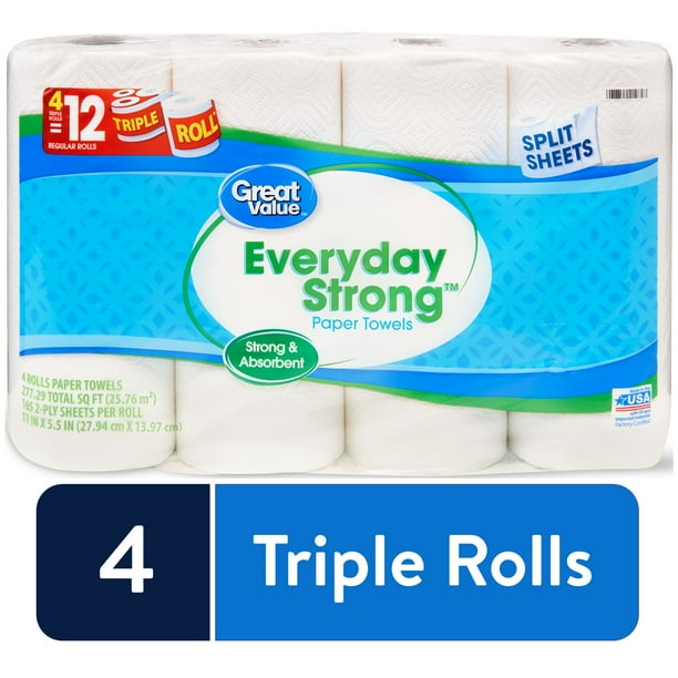 Great Value Everyday Strong Paper Towels, Split Sheets, 4 Triple Rolls ...