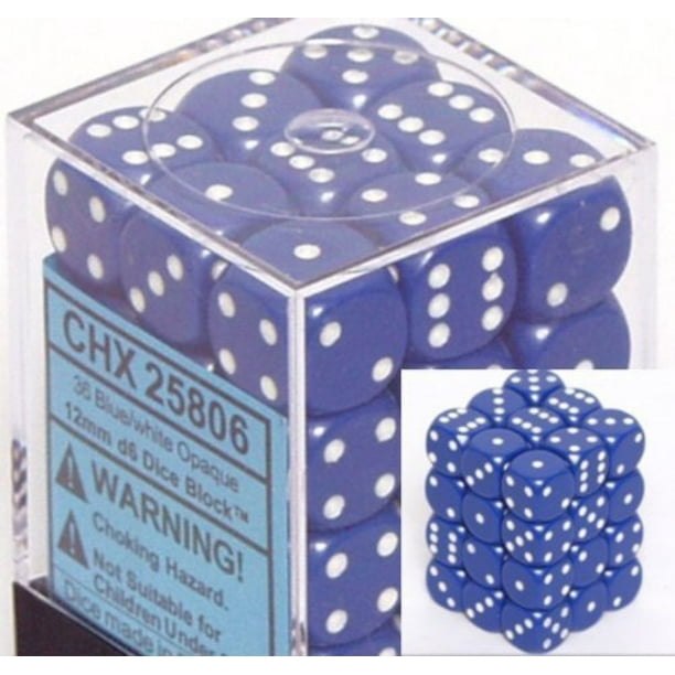 Chessex Dice d6 Sets: Opaque Blue with White - 12mm Six Sided Die (36 ...