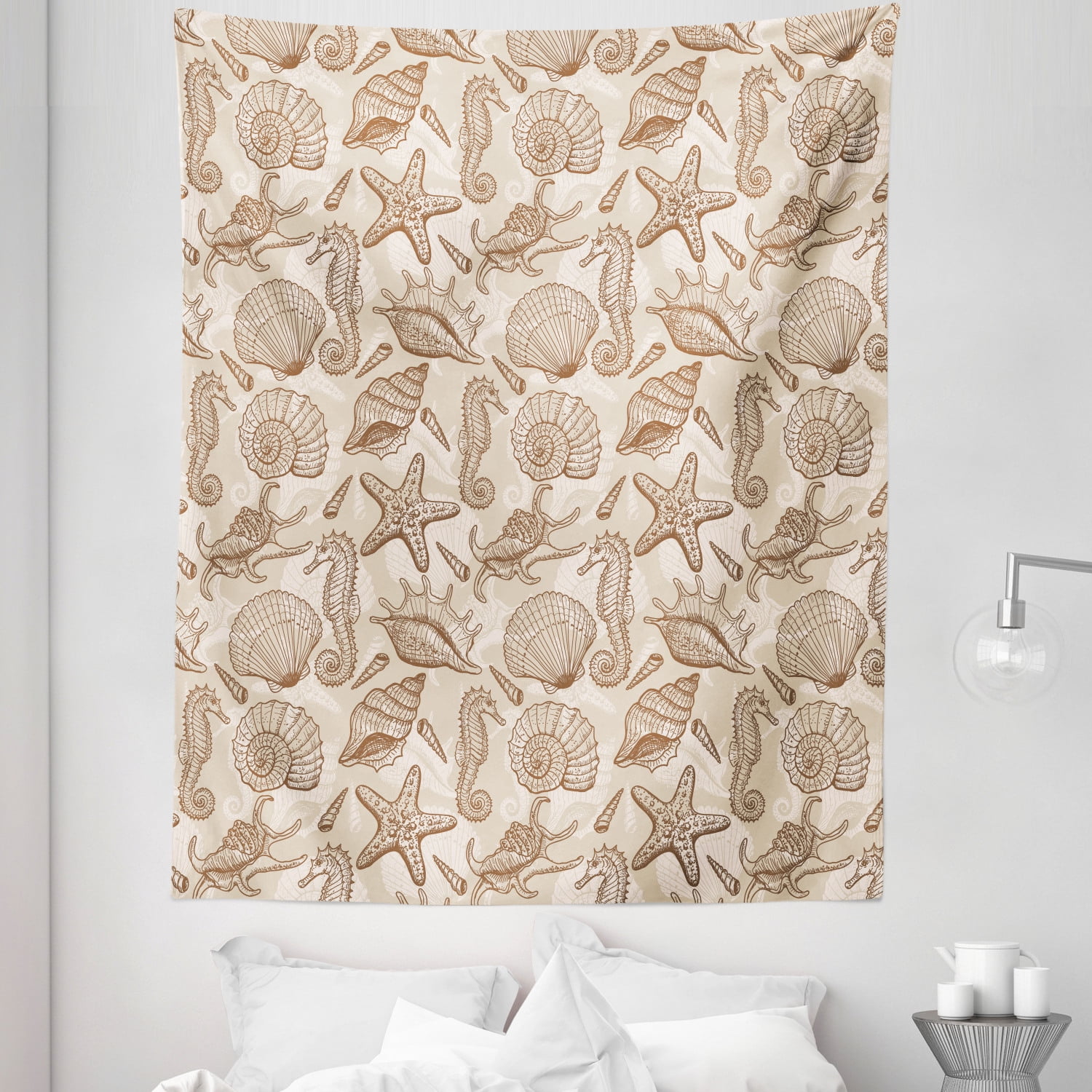 Sea Shells Tapestry, Vintage Inspired Monochrome Seashell Pattern Ocean ...