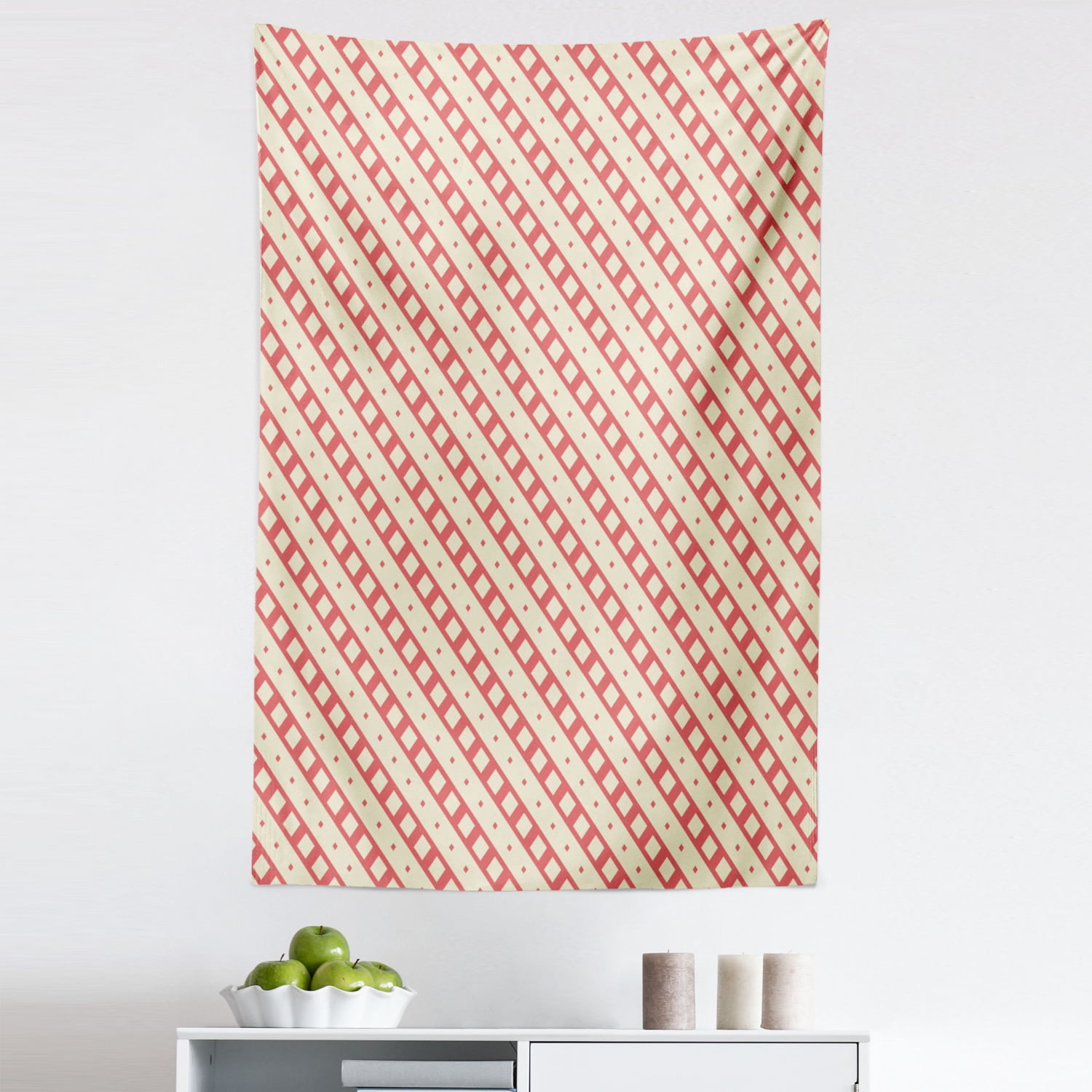 Coral Cream Tapestry, Checked Rhombus Classic Diamond Line Pattern ...