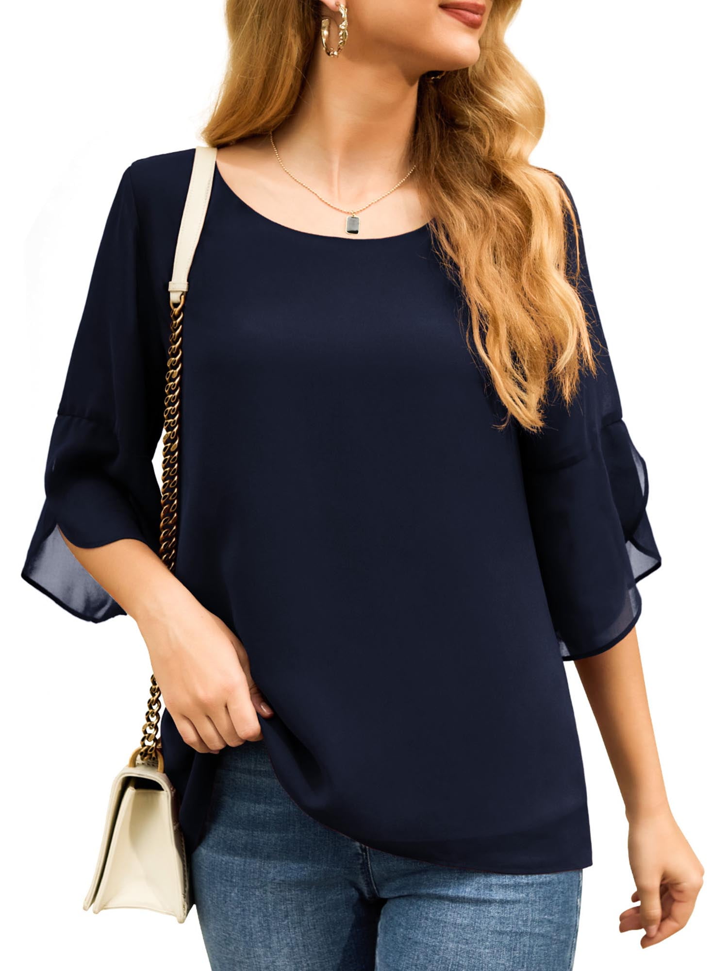 Anygrew Womens Casual Scoop Neck Dressy Blouses 3/4 Sleeve Business ...