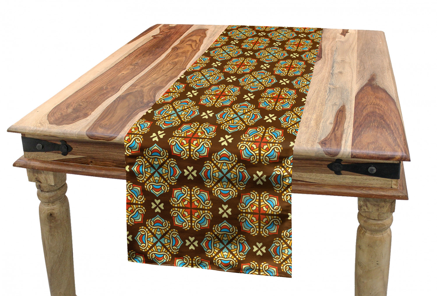Ethnic Table Runner, Pattern with Geometric Design Ornamental Curls and ...