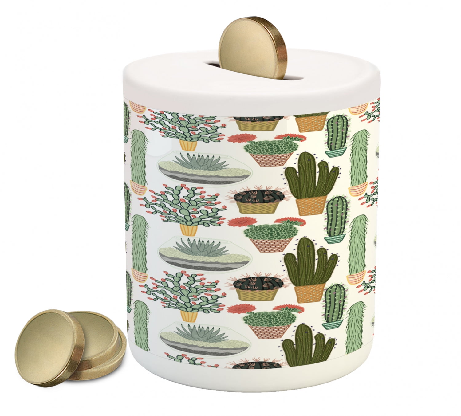 Cactus Piggy Bank, Pattern with Succulent Plants and Cactuses in Pots ...