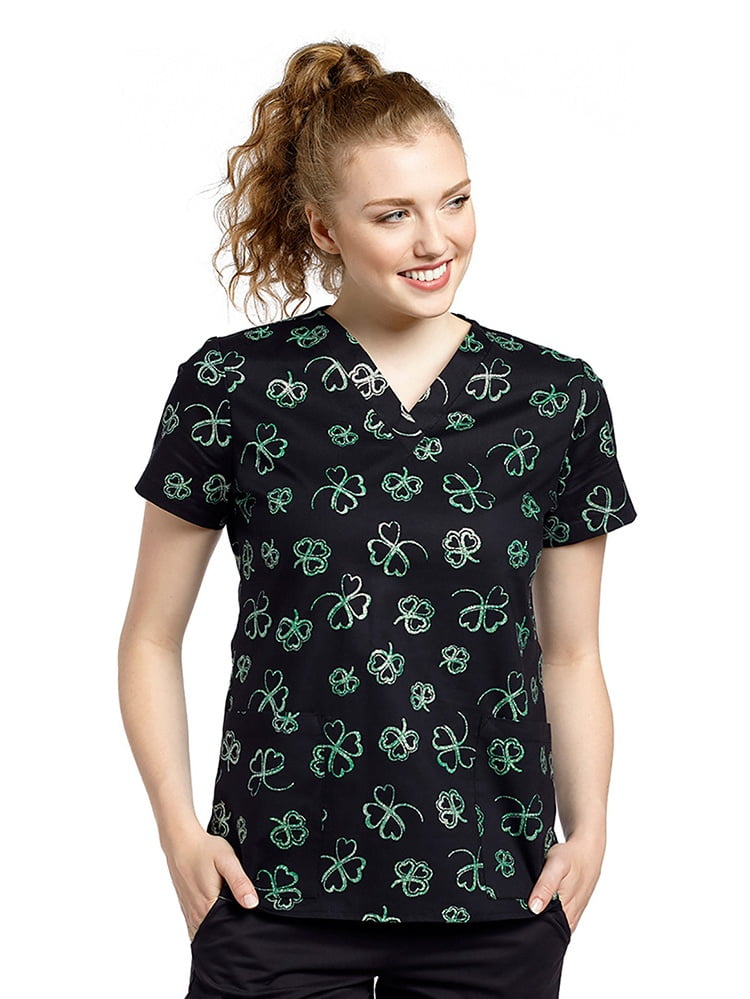 White Cross Women's V-Neck Clover Print Scrub Top - Walmart.com