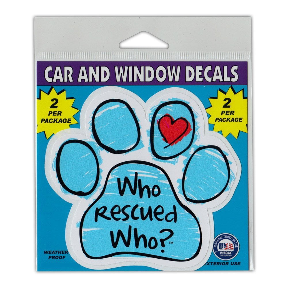 Window Decals, 2-Pack, Who Rescued Who? (Blue Dog/Cat Paw), 4.25" x 4 ...
