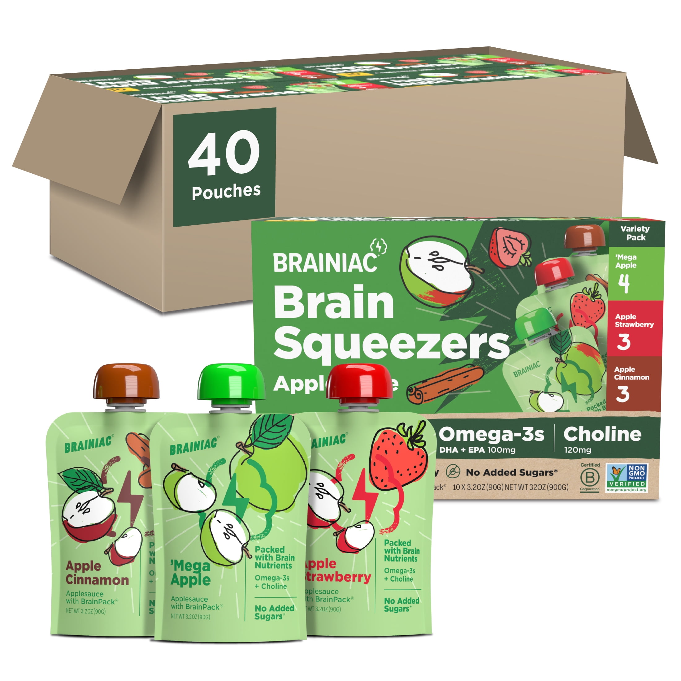 Brainiac Omega-3 Applesauce Variety Pack, No Sugar Added, 3.2oz, 40 Ct ...