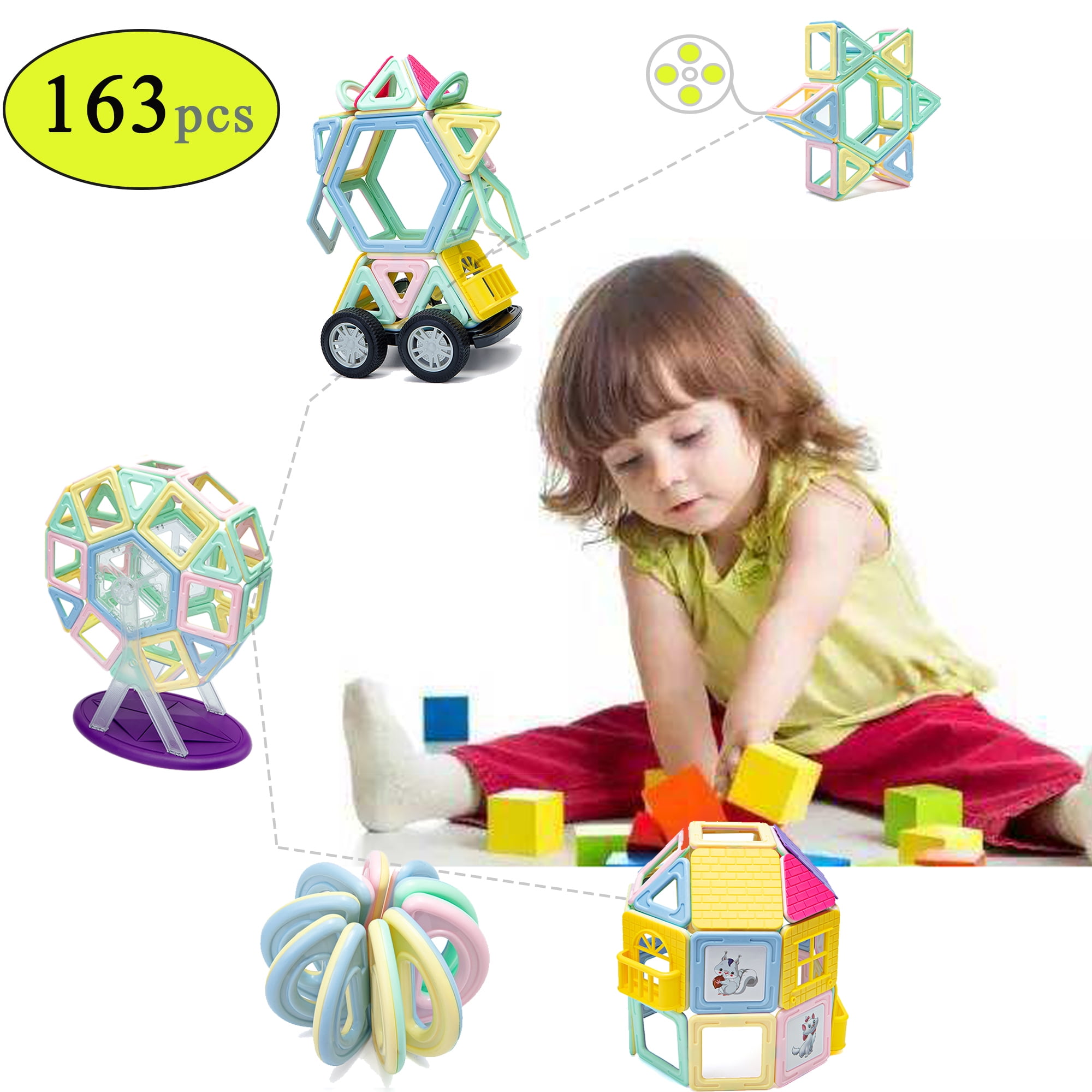 163-Piece Multi Colors Magnetic Tiles Educational STEM Toys Building ...