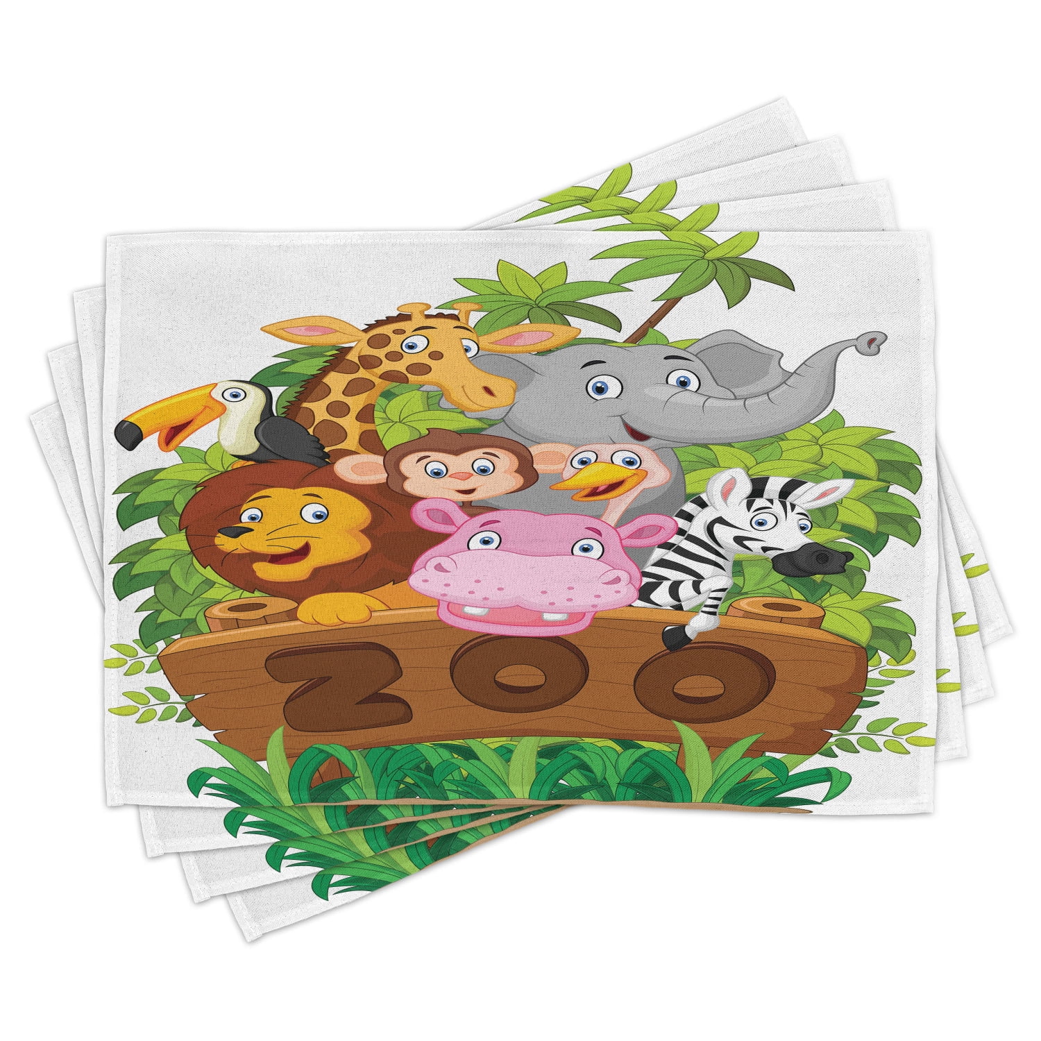 Ambesonne Zoo Place Mats Set of 4, Happy Animals Fresh Trees, Standard ...