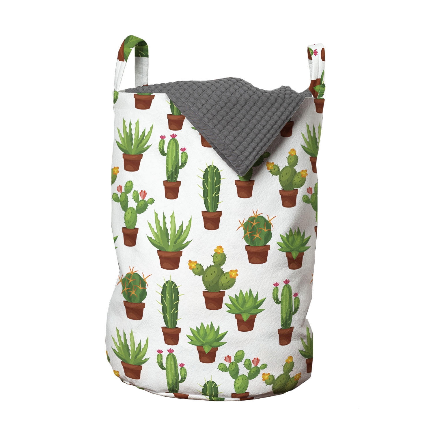 Cactus Laundry Bag, Abstract Floral Pattern with Vases and Pots Botany ...