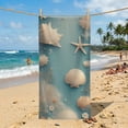 Beach towel boho seashells and starfish on a blue background beach ...