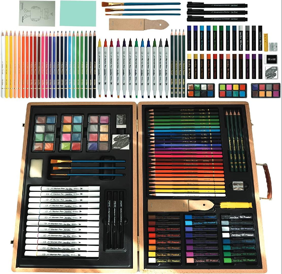 100+ Art Box Set in Wooden Case - Marker/Oil Pastels/Colored Pencils ...