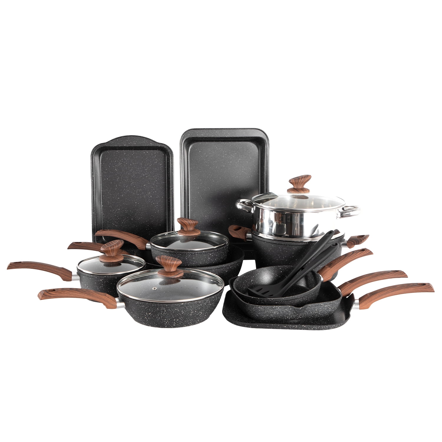 MF Studio 17 Pieces Cookware & Bakeware Set Granite Nonstick Pots and ...