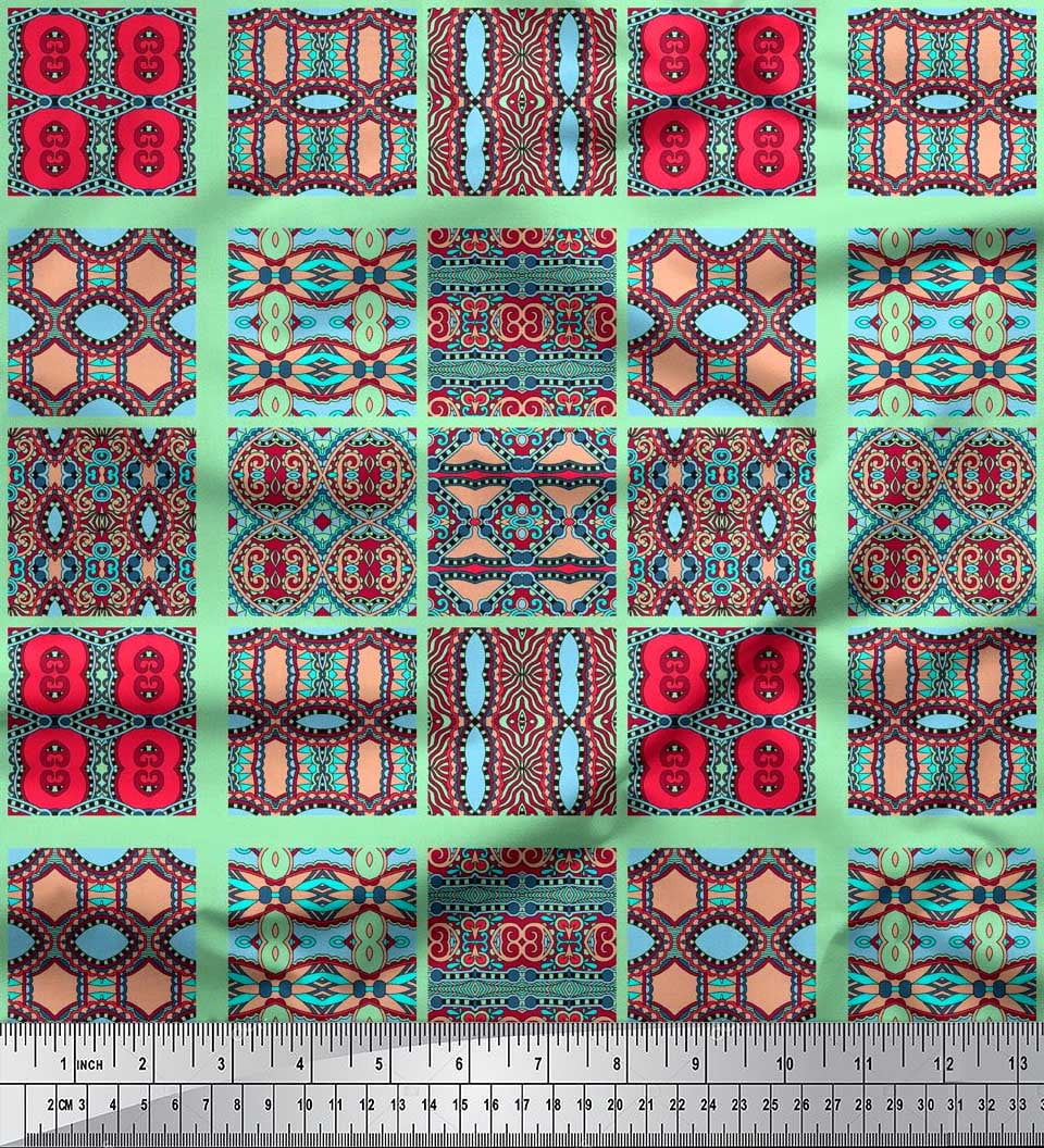 Soimoi Crepe Silk Fabric Check & Moroccan Patchwork Print Fabric by The ...