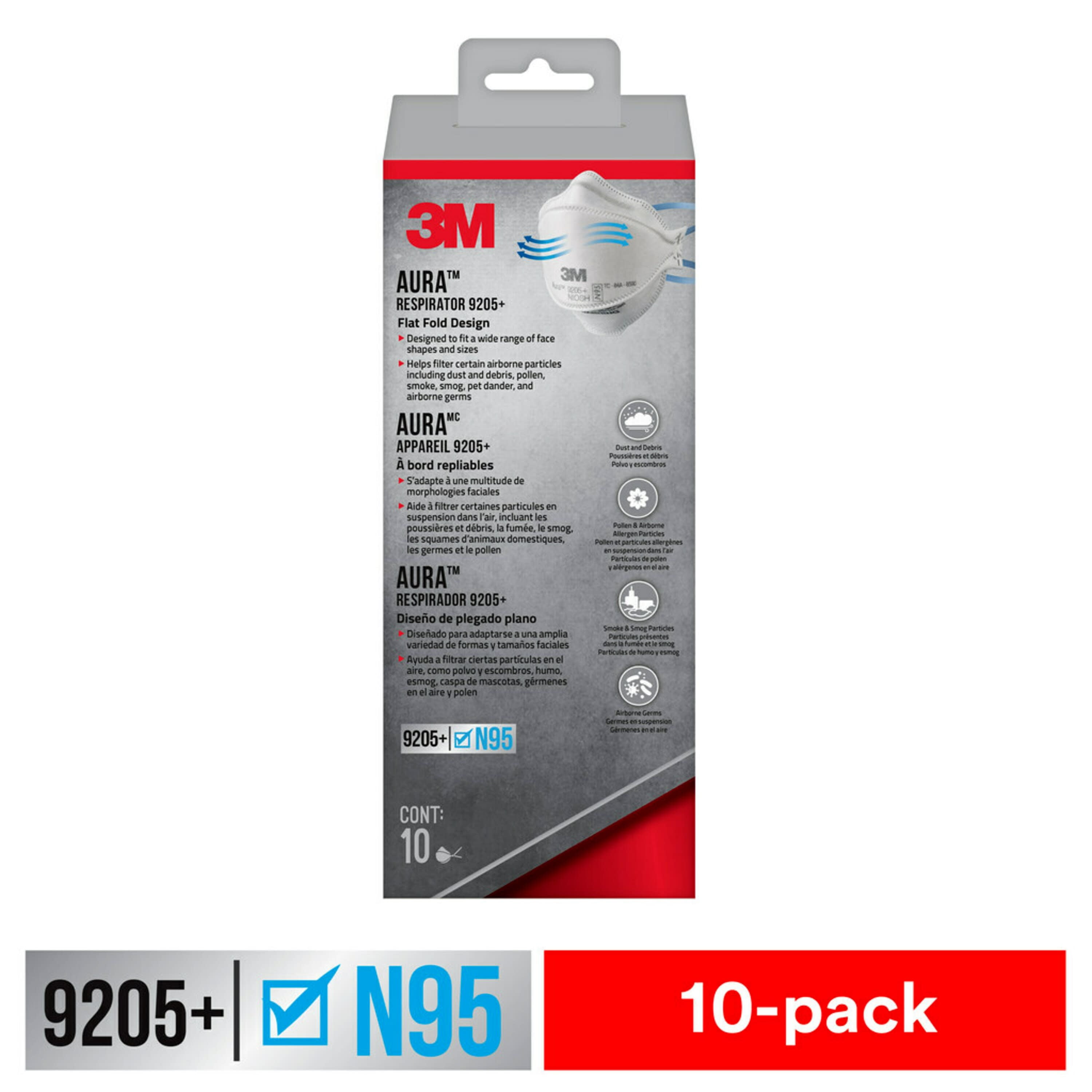 3M N95 Aura Particulate Respirator 9205+, 10 Pack - Walmart.com