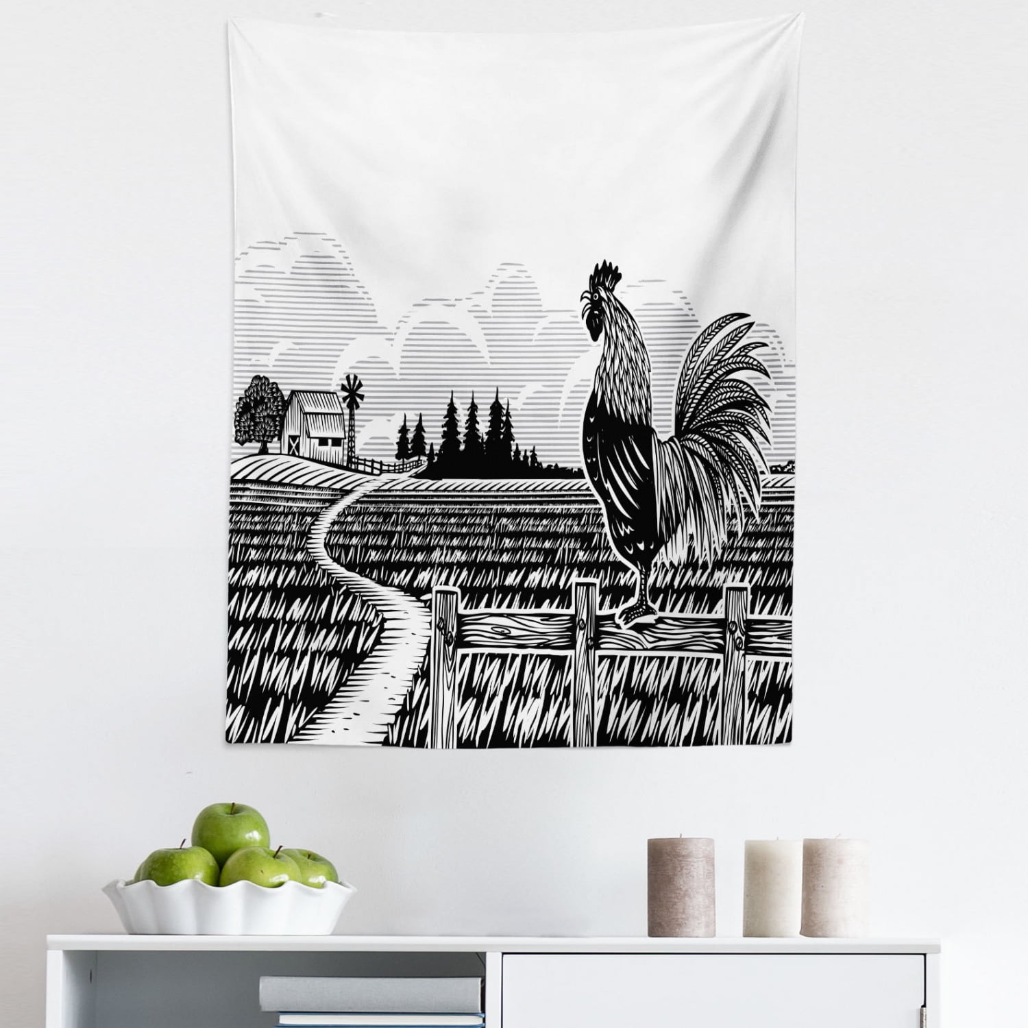 Rooster Tapestry, Vintage Woodcut Style Farmland Scenery Field Rural ...