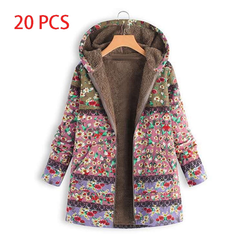Xhtang Women Winter Coat Printed Hooded Pockets Warm Fleece Floral