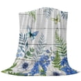 Blue Flowers Fleece Throw Blanket White Floral Butterflies Green Leaf ...