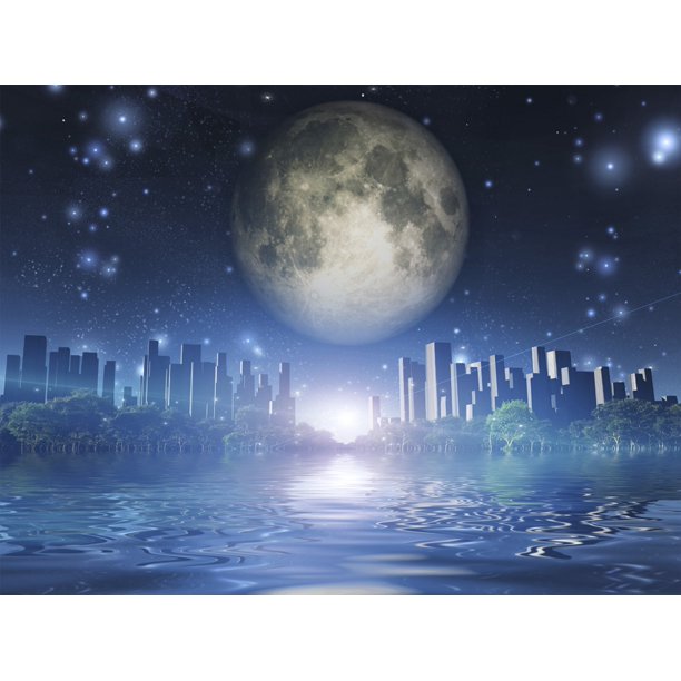 Surreal digital art. City surrounded by green trees in water world ...