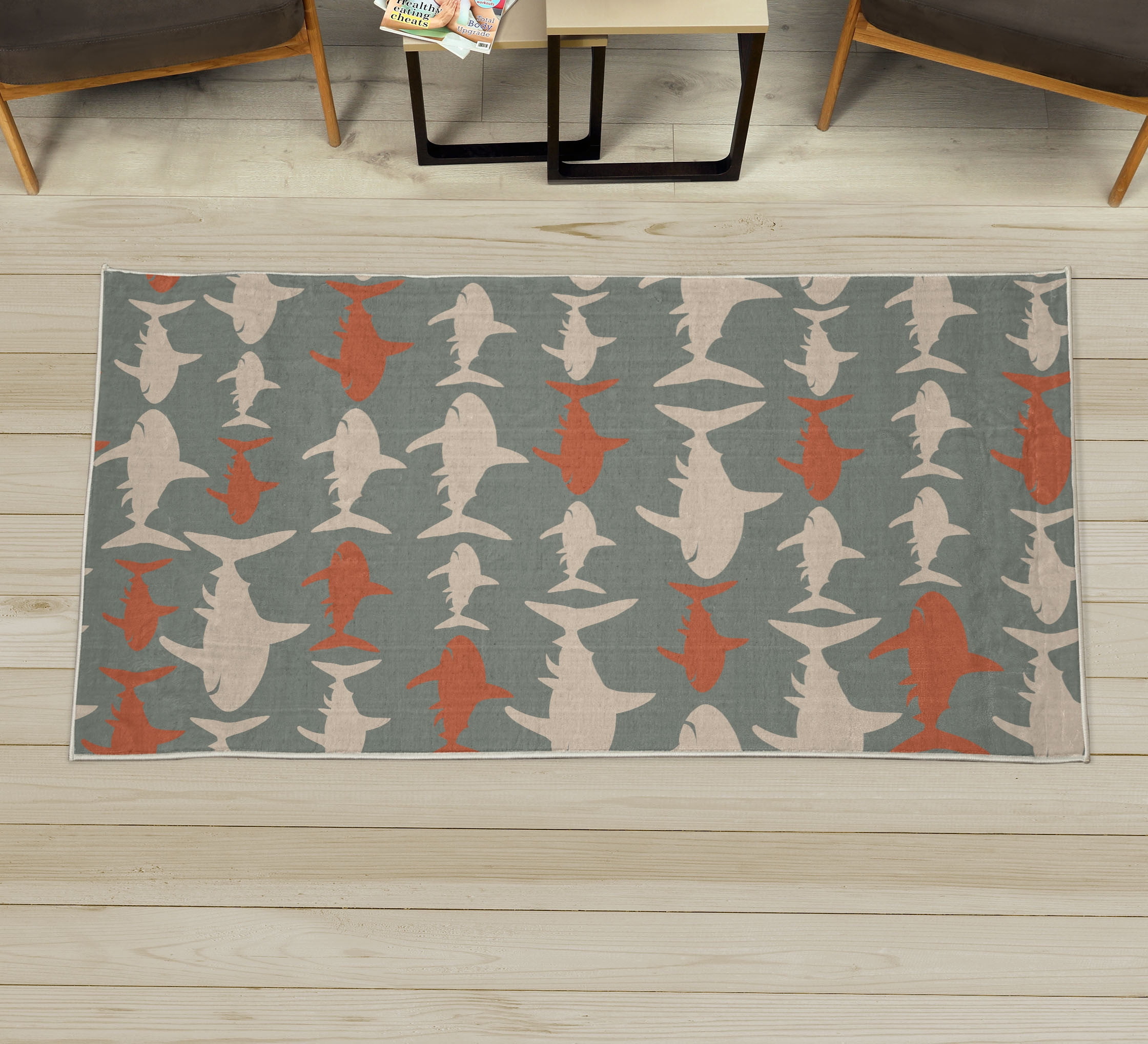 Sea Animals Decorative Rug, Monochrome Shark Illustration Fashion ...