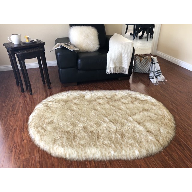 Soho Luxurious Faux Sheepskin Oval Shape White with Brown Tips Shag ...