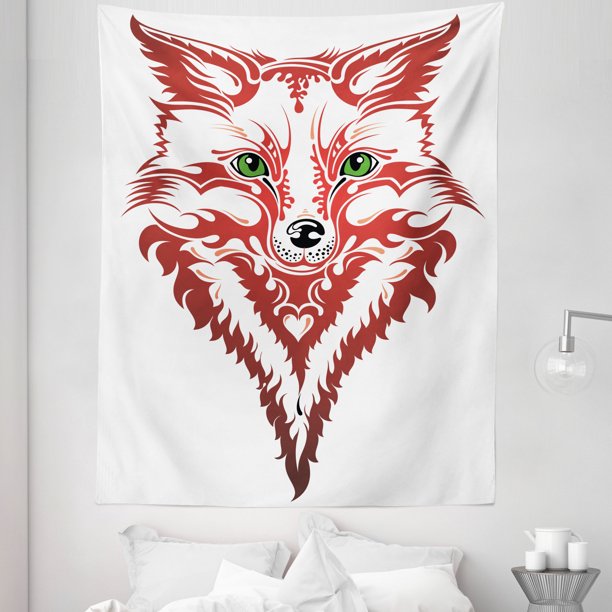 Fox Tapestry, Patterned Portrait of Fox Sharp Green Eyes Wavy Curvy ...