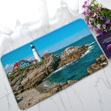 PHFZK Nautical Beach Doormat, Lighthouse Ocean Wave Rocky Beautiful ...