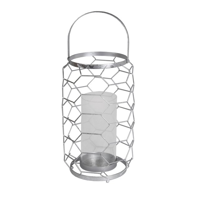 Benzara Geometric Metal Wire Candle Holder With Glass Hurricane Large