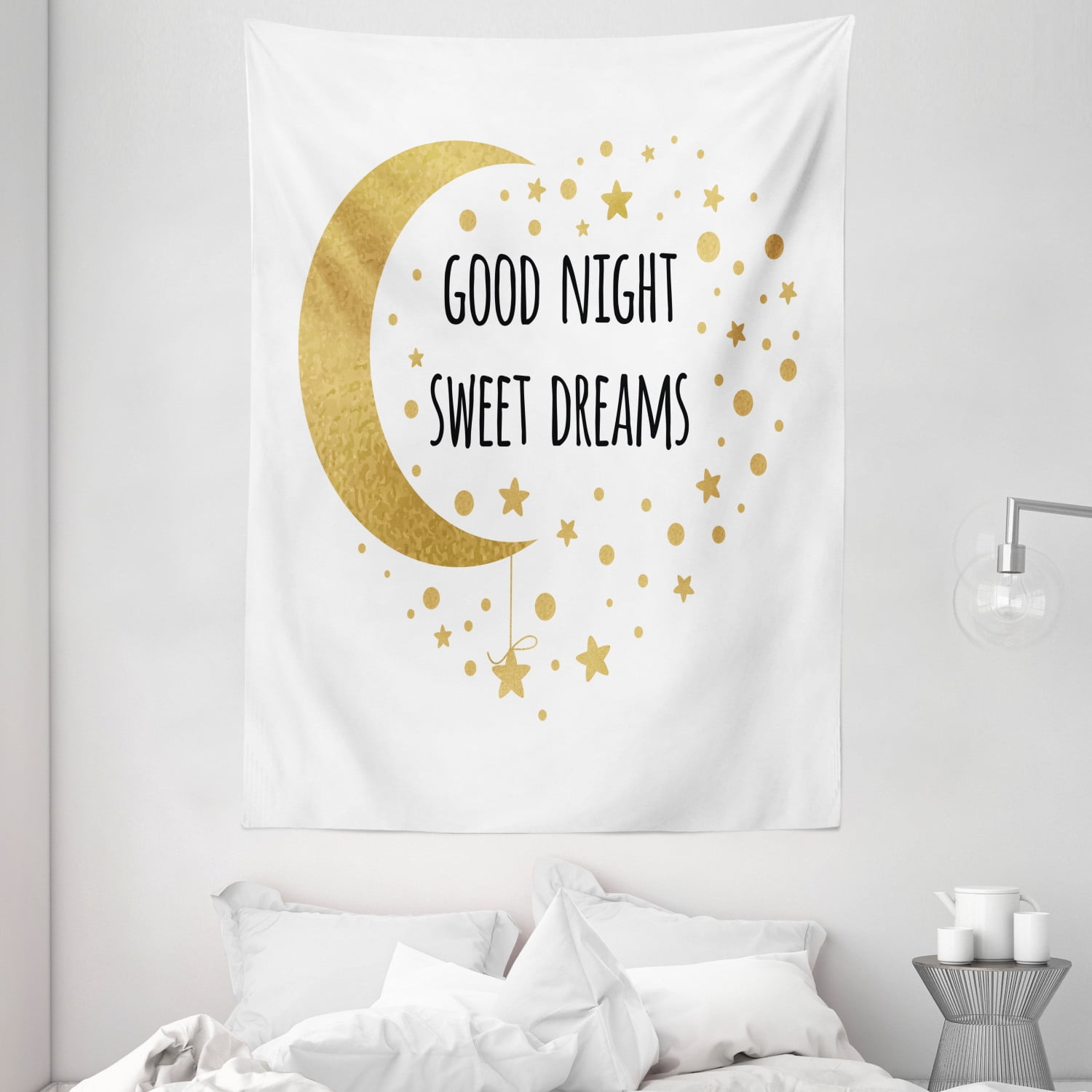 Sweet Dreams Tapestry, Cheerful Calligraphy with Moon Stars and Dots ...