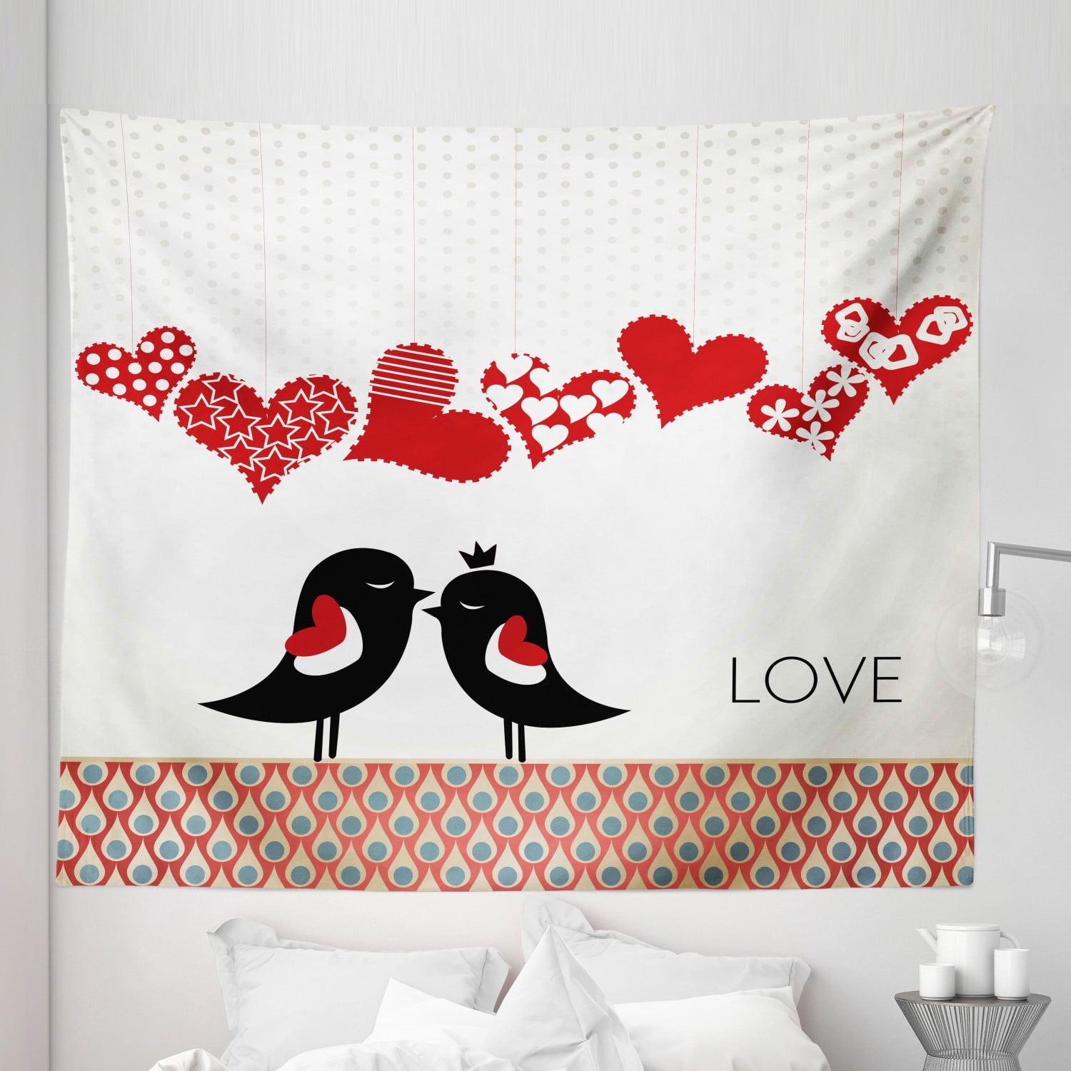 Love Tapestry, Queen and King Bird Couple Kissing Hanging Heart Shapes ...