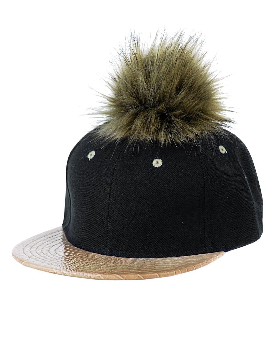 Unisex Style Faux Fur Pom Pom Snapback Flat Bill Cap Hat - Faux Croc ...