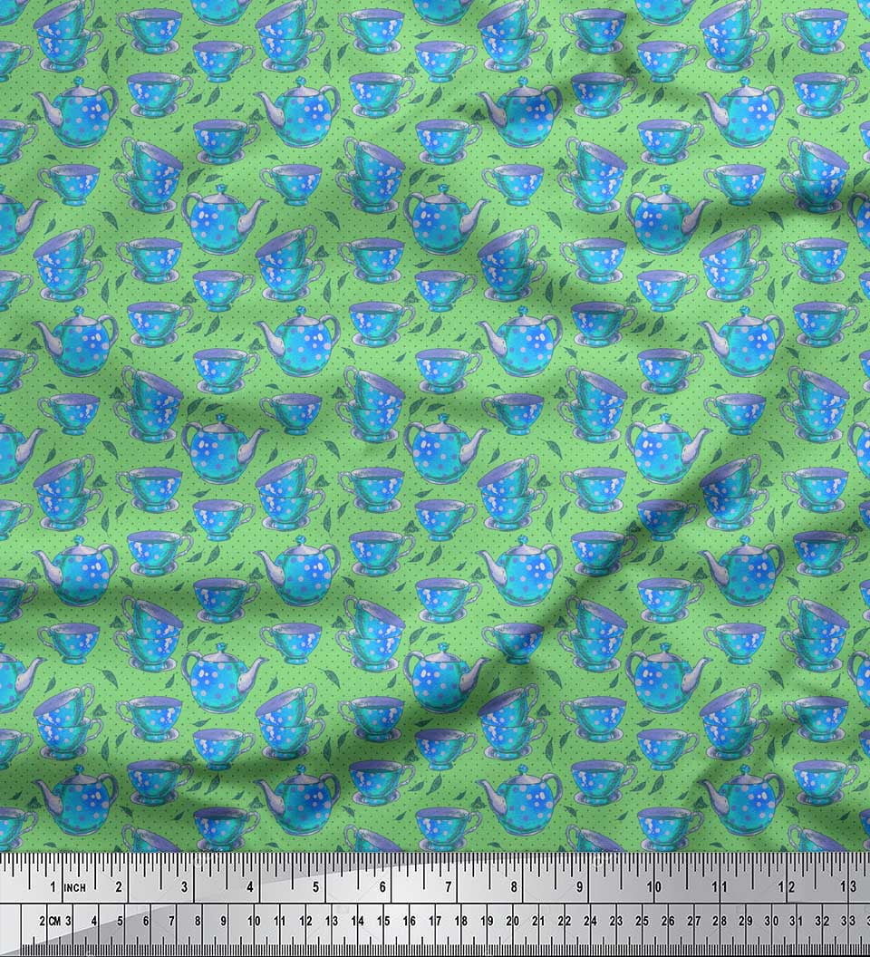 Soimoi Green Silk Fabric Dot,Cup & Kettle Kitchen Print Fabric by the ...