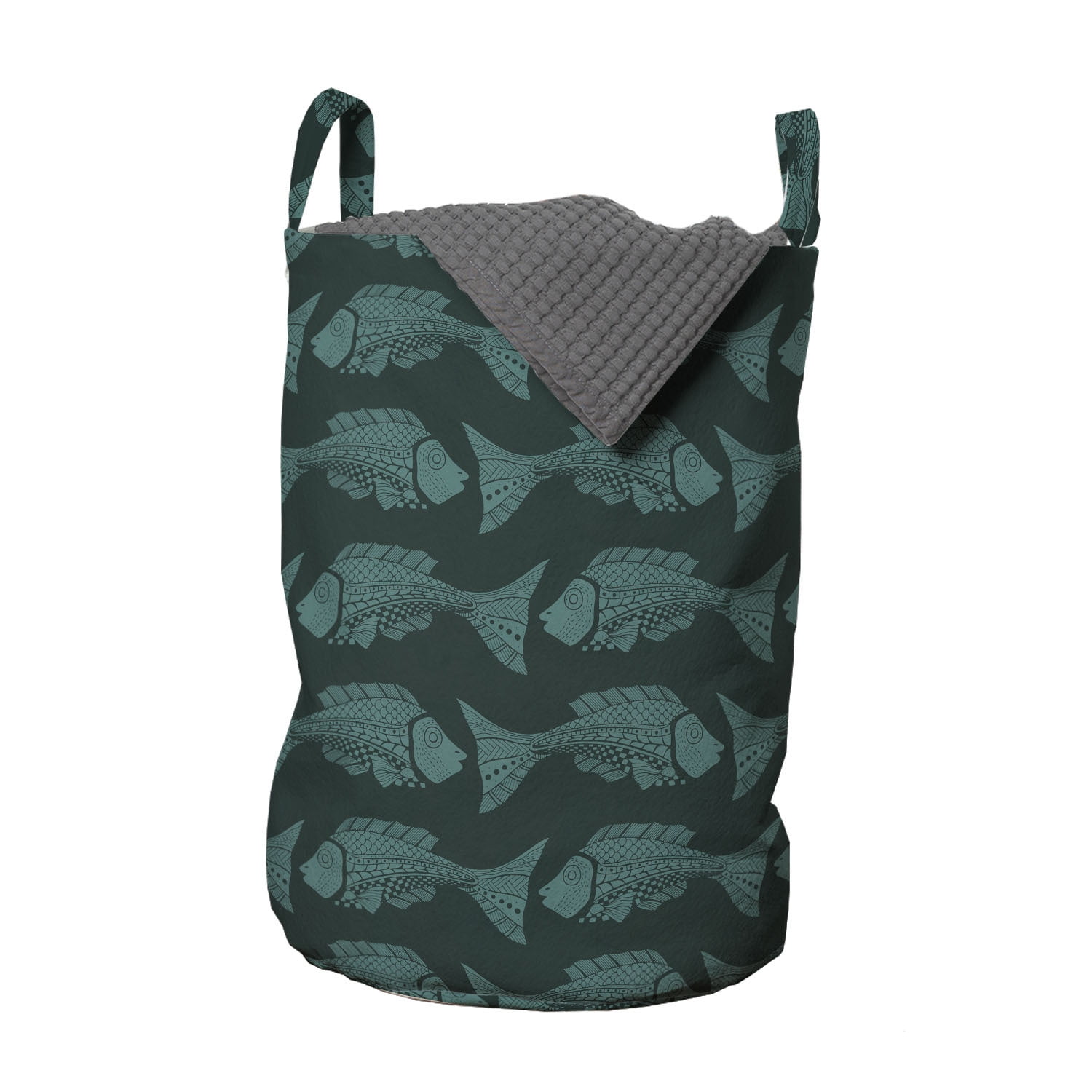 Fish Laundry Bag, Rhythmic Vintage Style Dark Tones Sea Creatures Ocean ...
