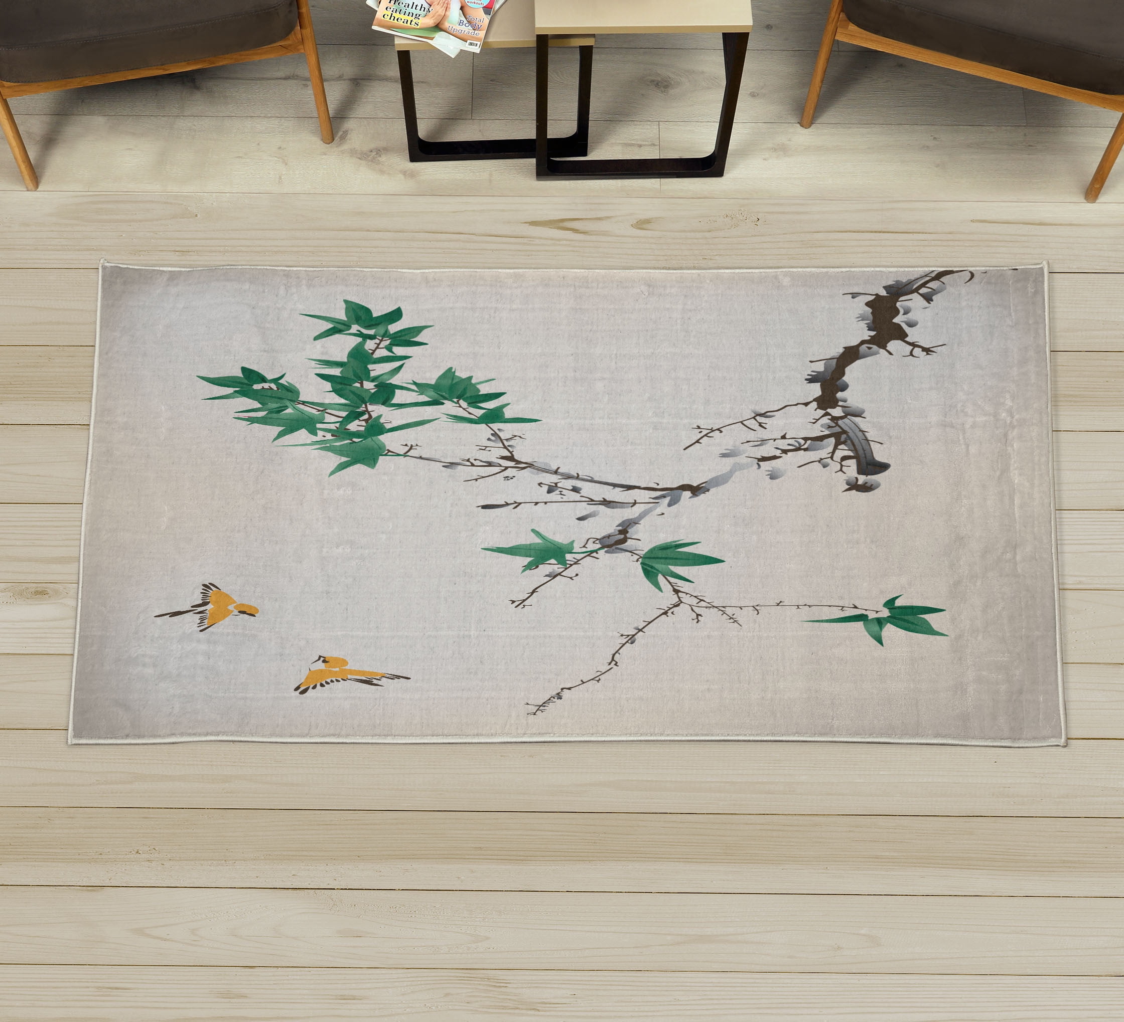 Japanese Decorative Rug, Cherry Blossom Sakura Tree Branches Romantic Spring Themed Watercolor ...