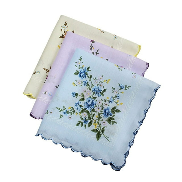 QUSENLON 3pieces Women Wavy Edge Cotton Handkerchiefs Flower ...