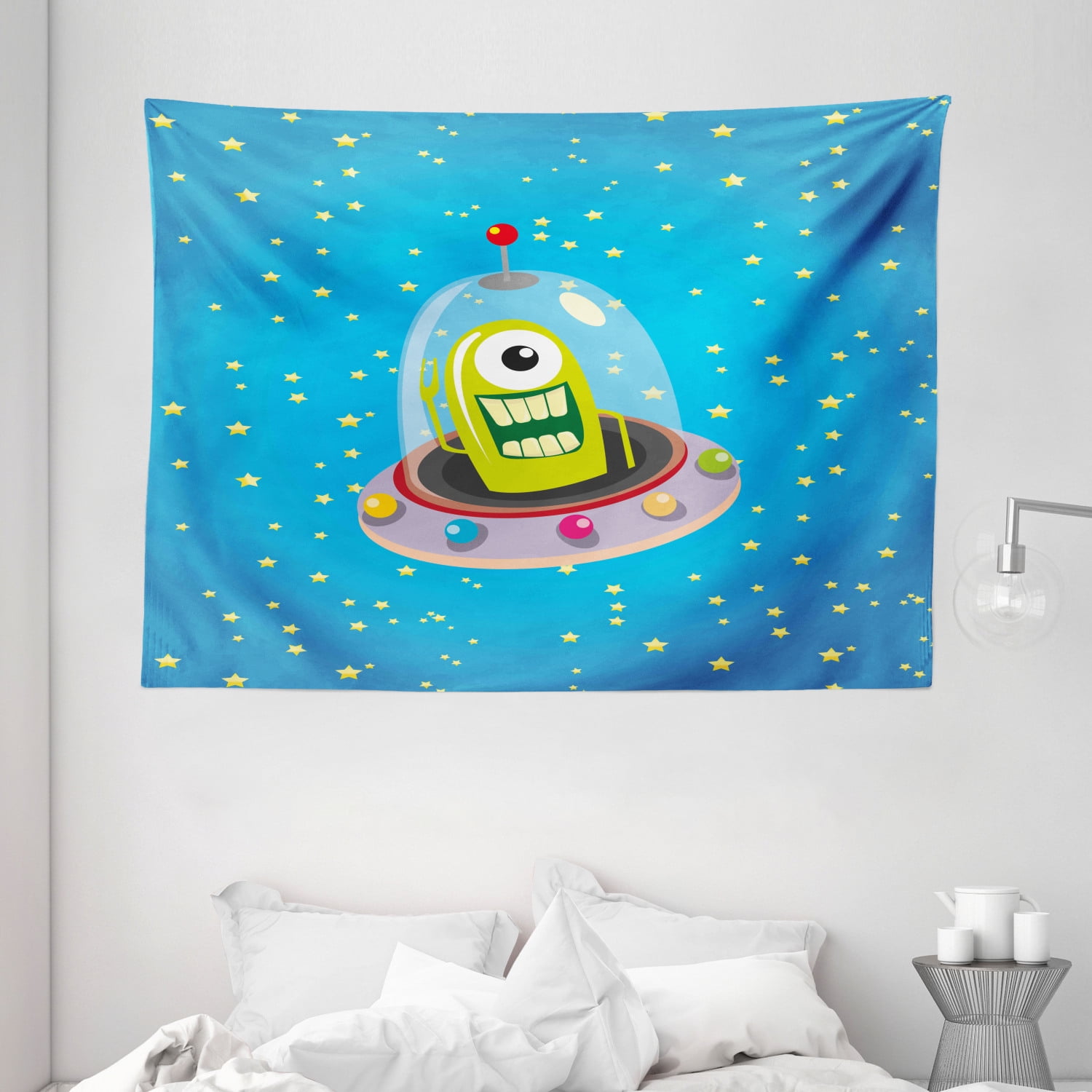 Kids Tapestry, Cute Comic Ufo Alien in Outer Space with Stars Galaxy ...