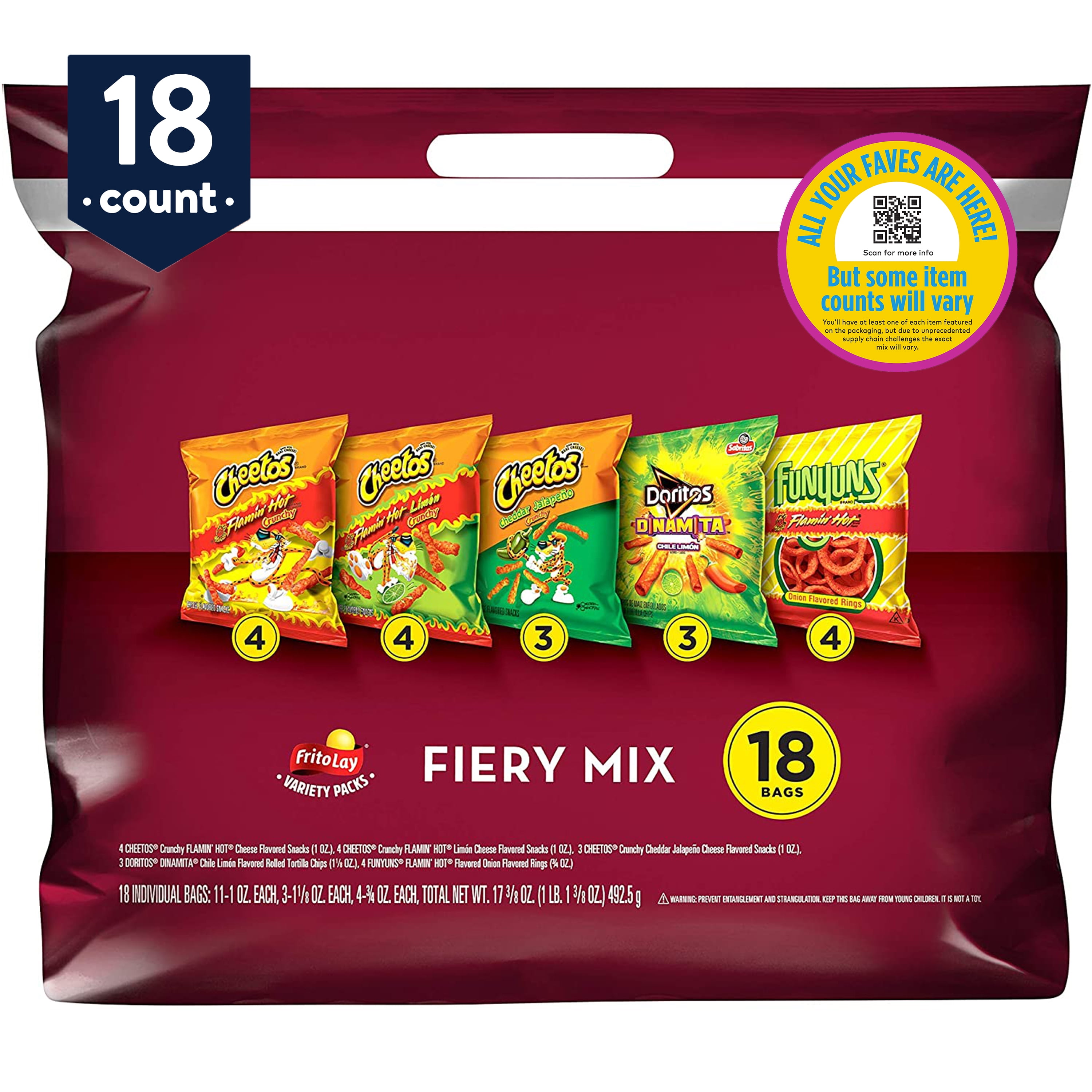 Frito-Lay Fiery Mix Snacks Variety Pack, 18 Count (Assortment may vary ...