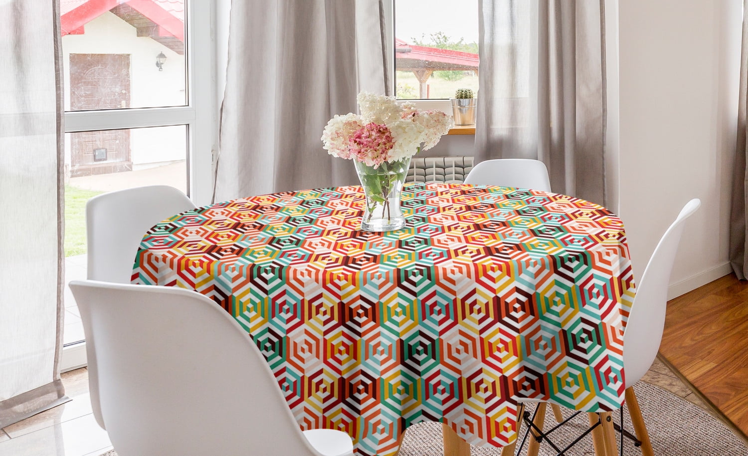 Geometric Round Tablecloth, Abstract Cubes Isometric Hexagonal Shaped ...