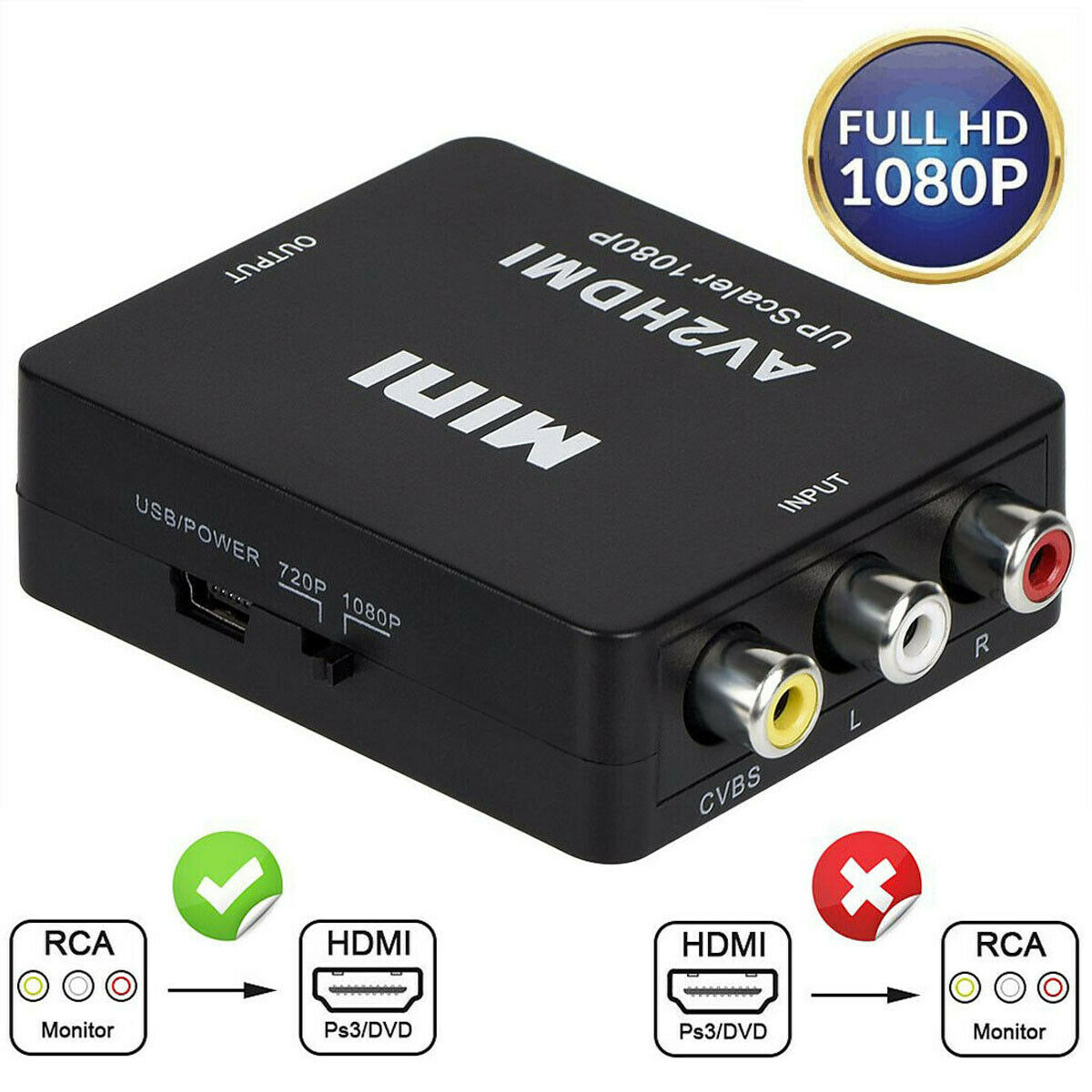 Cooligg RCA to HDMI converter 1080P Mini RCA Composite CVBS AV to HDMI ...