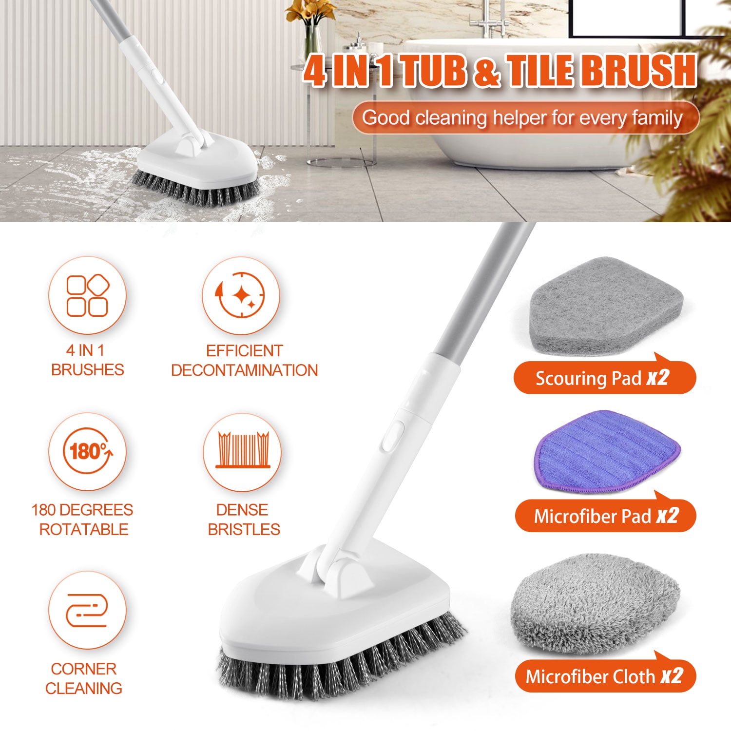 Tub Tile Scrubber Brush, POLIWELL 50" Long Handle Shower Cleaning Brush ...