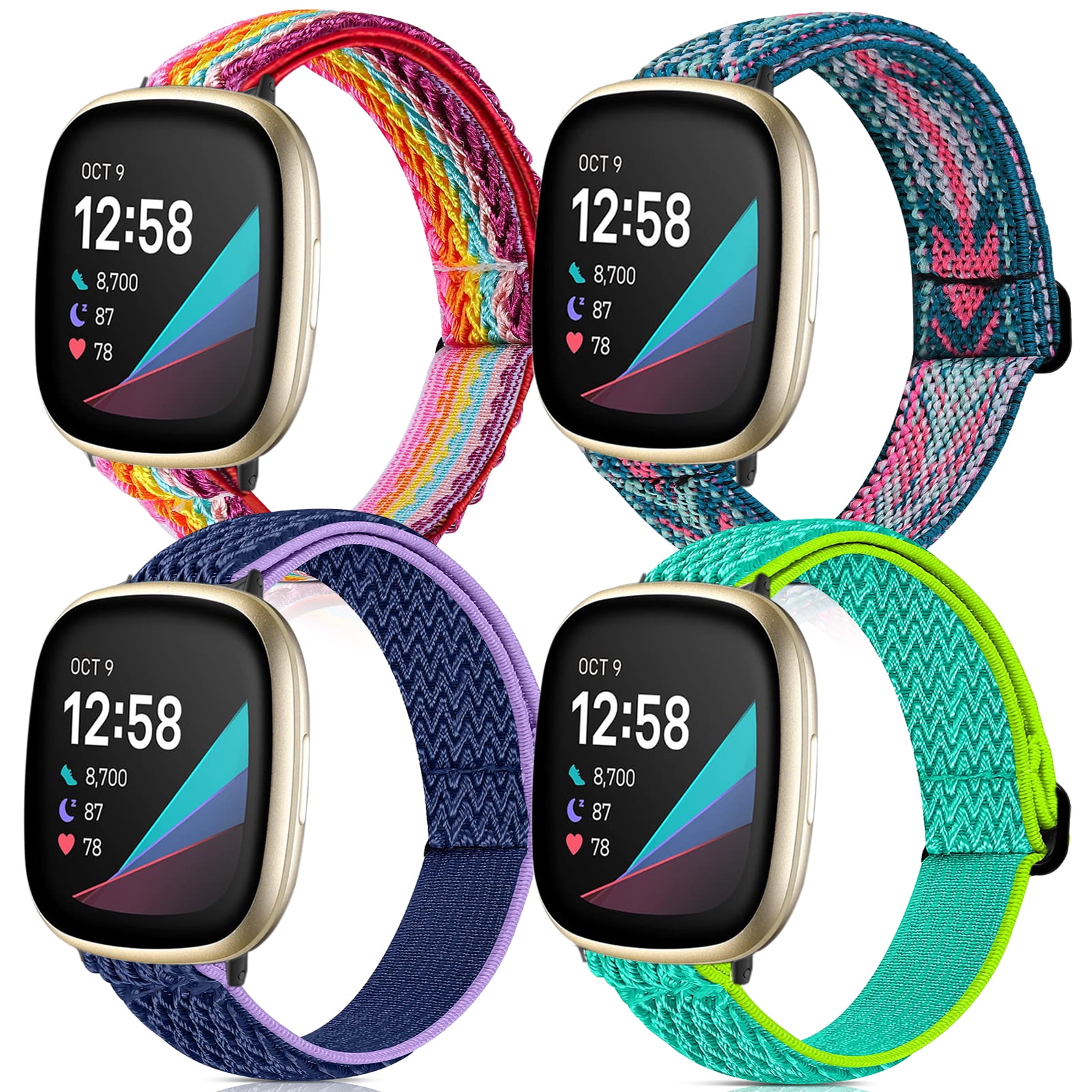 4 Pack Stretchy Bands Compatible with Fitbit Versa 3 / Fitbit Sense Bands Women Men, Adjustable ...