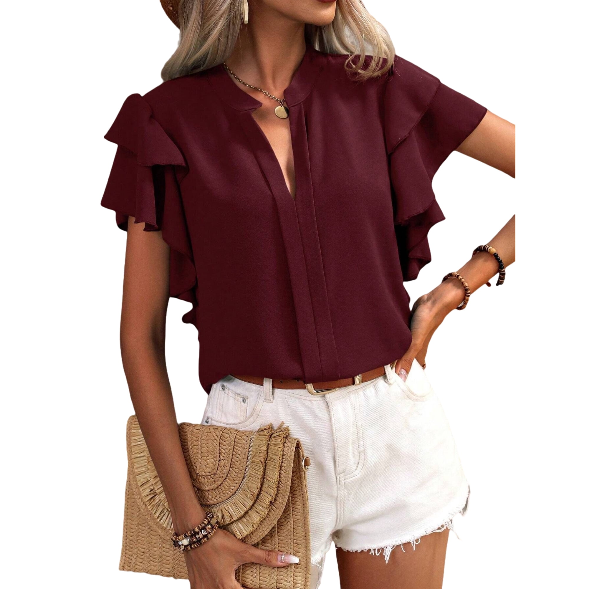 Click here for Daeful Ladies Blouse Double Layer Ruffles Short Sl... prices