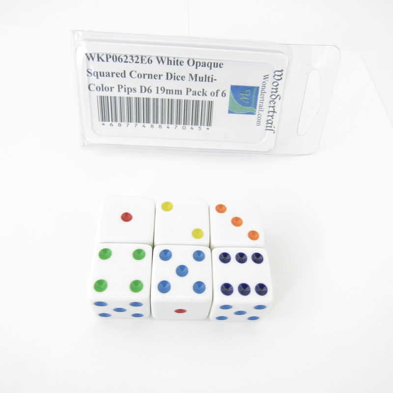 White Opaque Squared Corner Dice Multi-Color Pips D6 19mm (3/4in) Pack ...