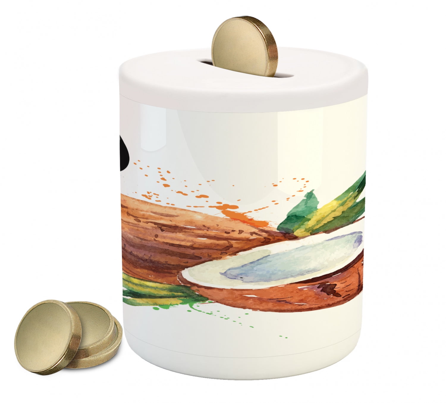 Tropical Piggy Bank, Hand Drawn Aquarelle Coconut with Brush Marks ...