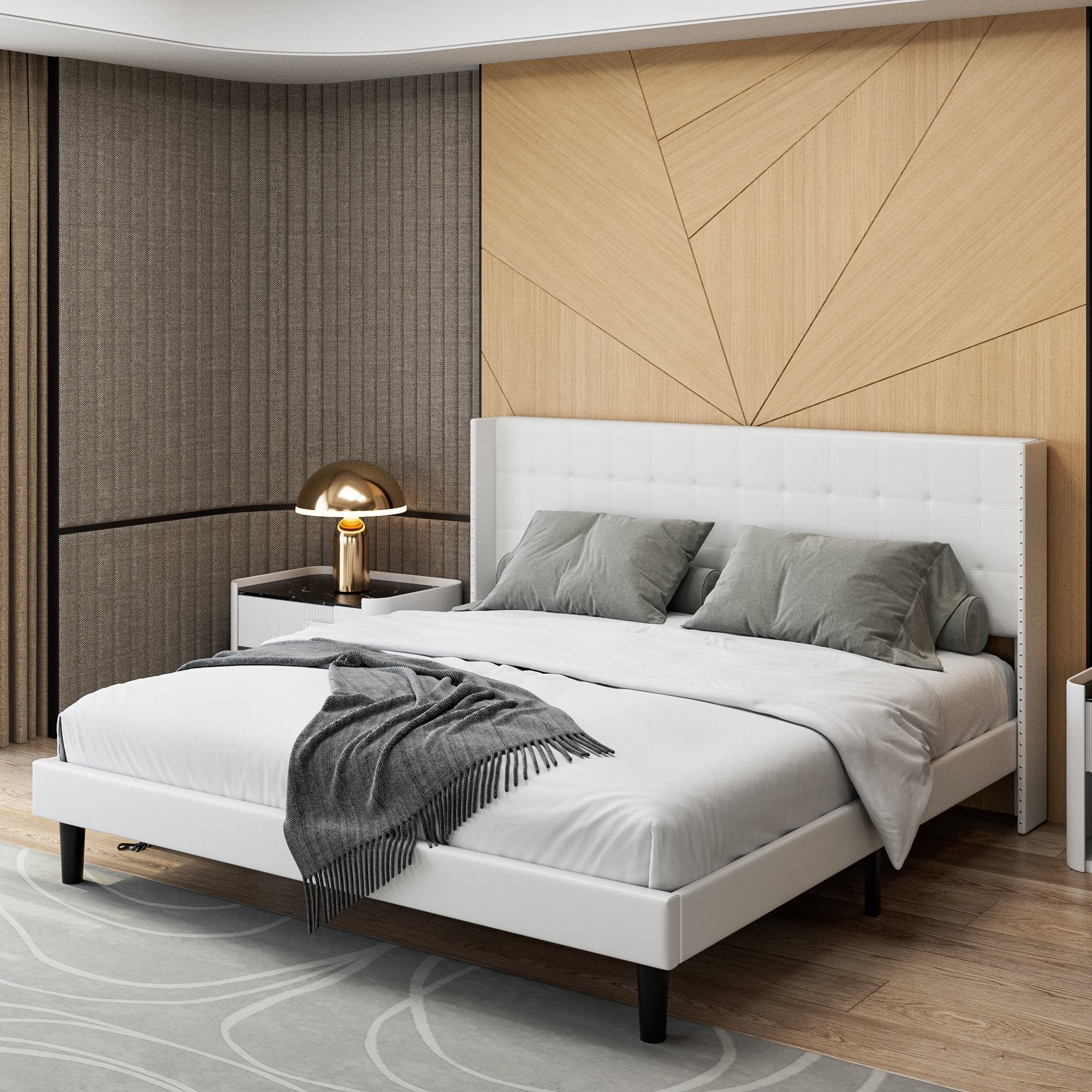 Homfa Queen Bed Frame Modern Bed Frame With Wing Back PU Leather