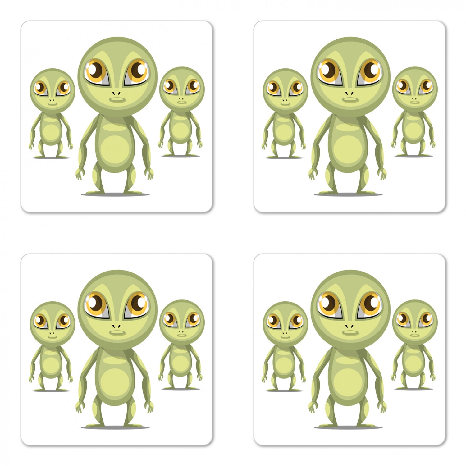 Alien Coaster Set of 4, Cartoon of Big Eyed Greenish Extraterrestrial ...