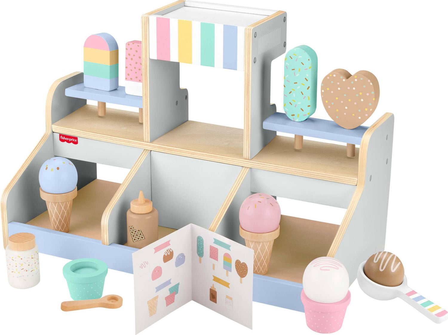 Fisher-Price Wooden Ice Cream Shop Set for Preschool Pretend Play, 18 ...